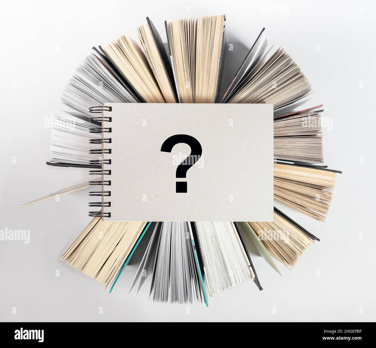 Question mark on books. Knowledge and curiosity concept Stock Photo - Alamy