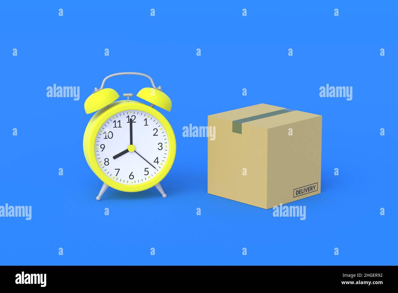 Cardboard box near alarm clock. Fast shipping. Transportation speed ...