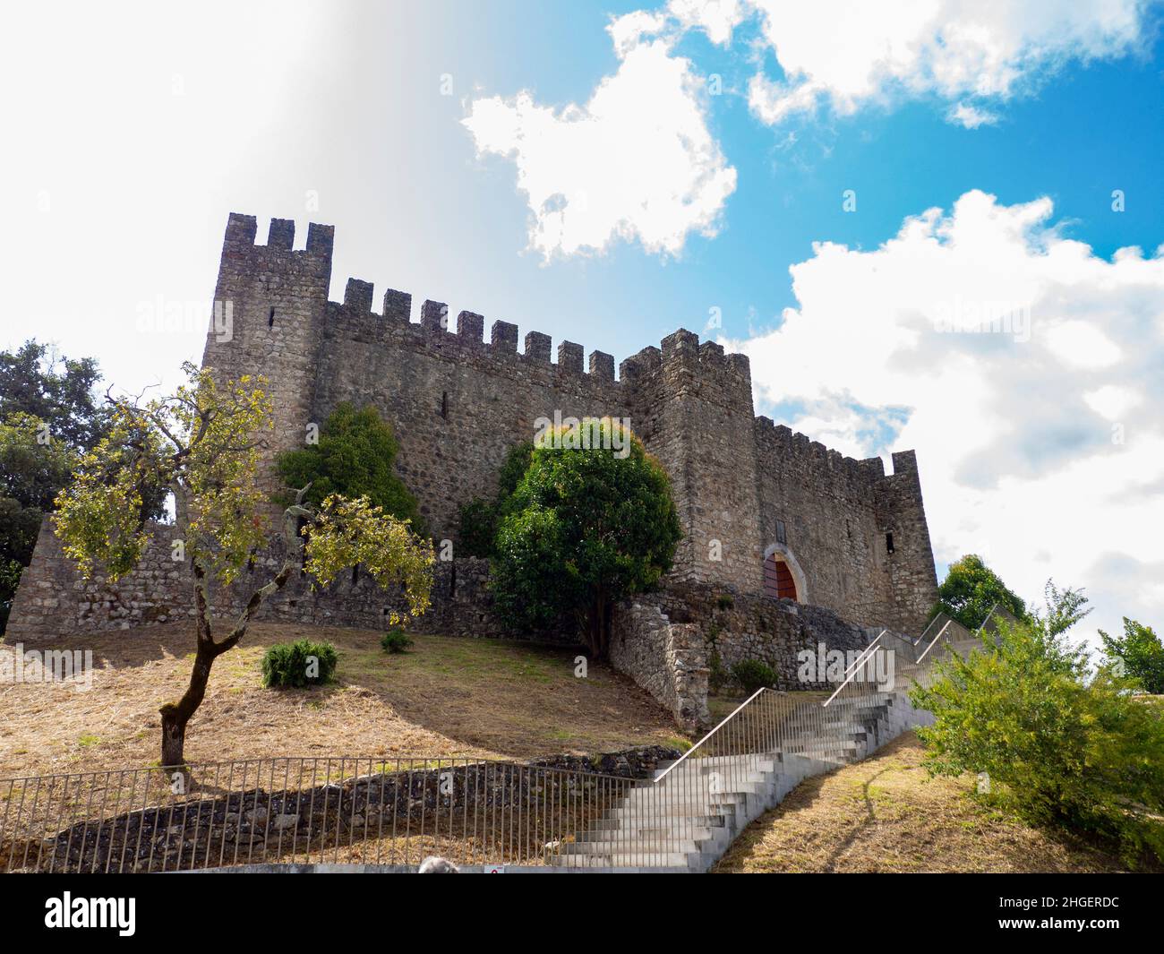 View of the hilltop medieval Castle of Pombal, built in the 12th ...