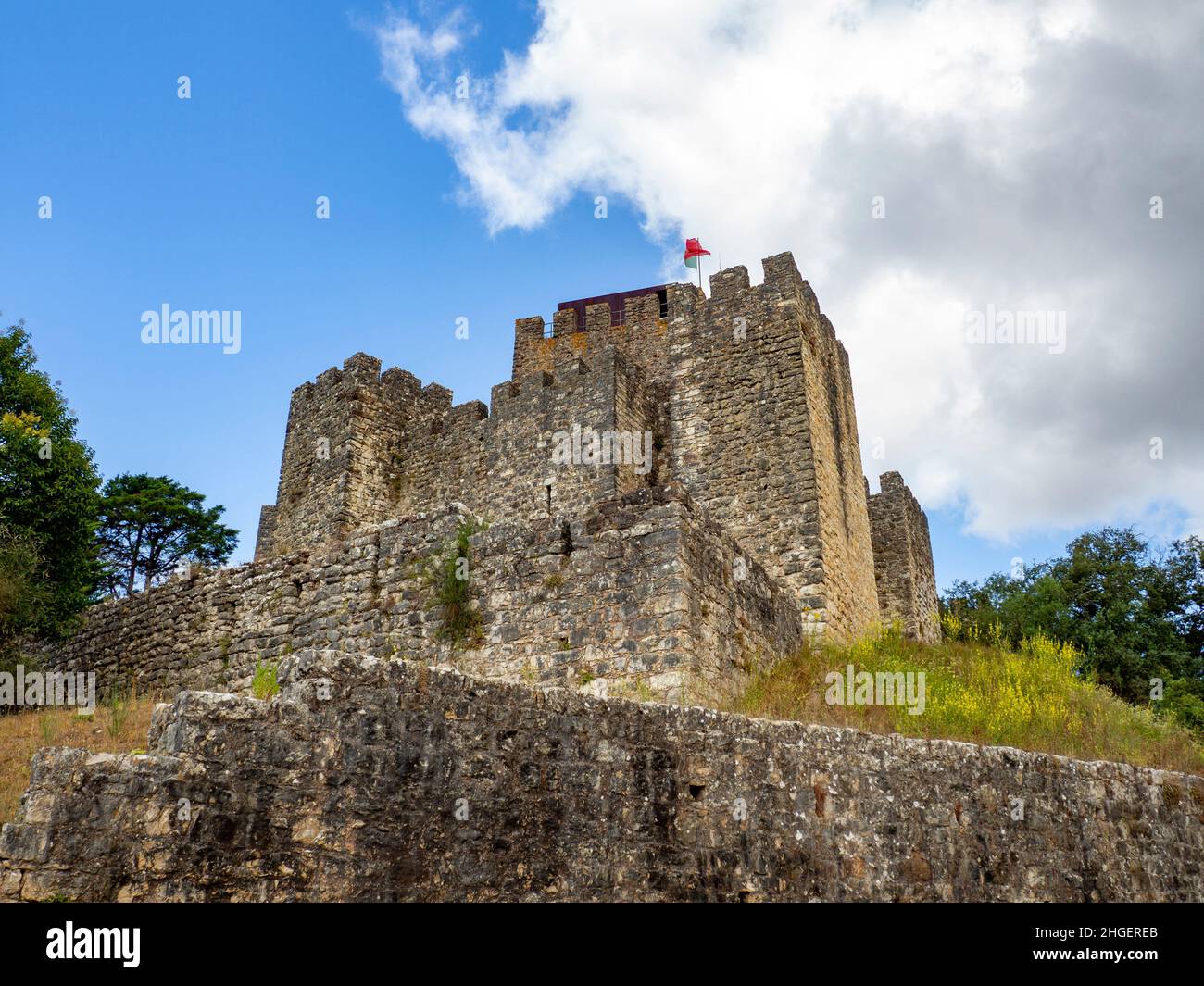 View of the hilltop medieval Castle of Pombal, built in the 12th ...