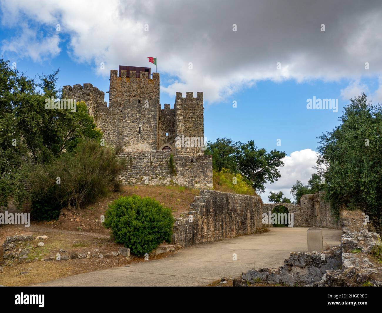 View of the hilltop medieval Castle of Pombal, built in the 12th ...