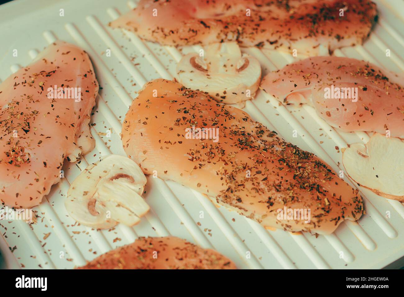 Photo of salmon. Fresh red fish rich color. Mushrooms and chicken ...
