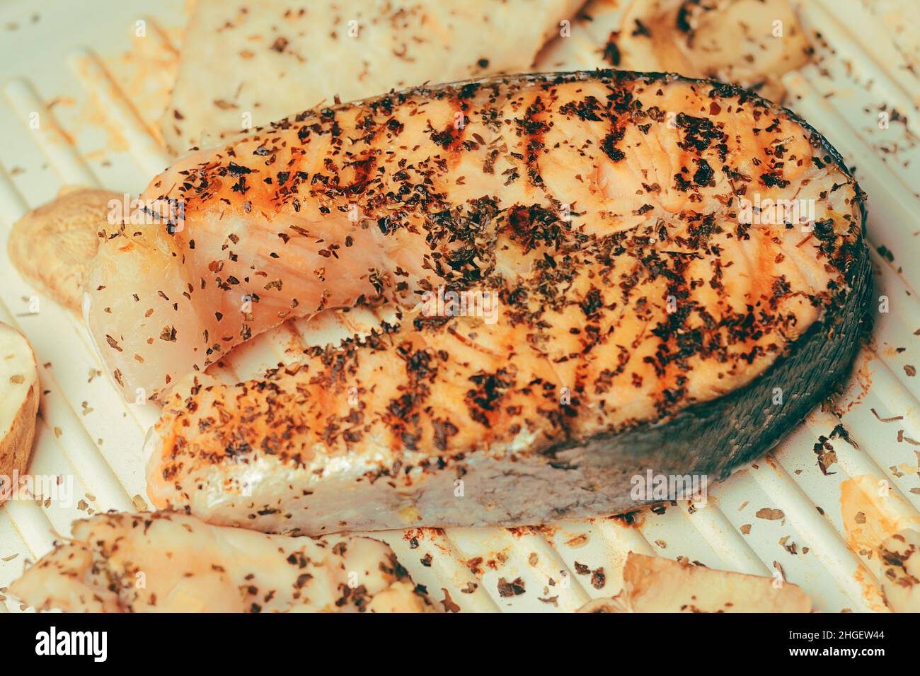 Photo of salmon. Fresh red fish rich color. Mushrooms and chicken ...
