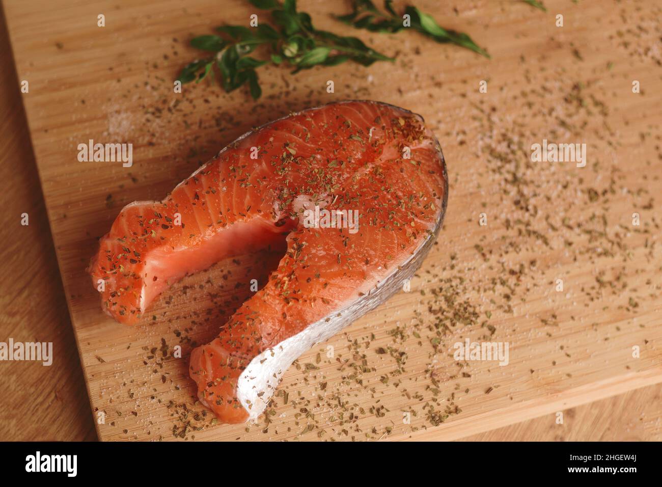 Photo of salmon. Fresh red fish, white veins, rich color. Fish seasoned ...