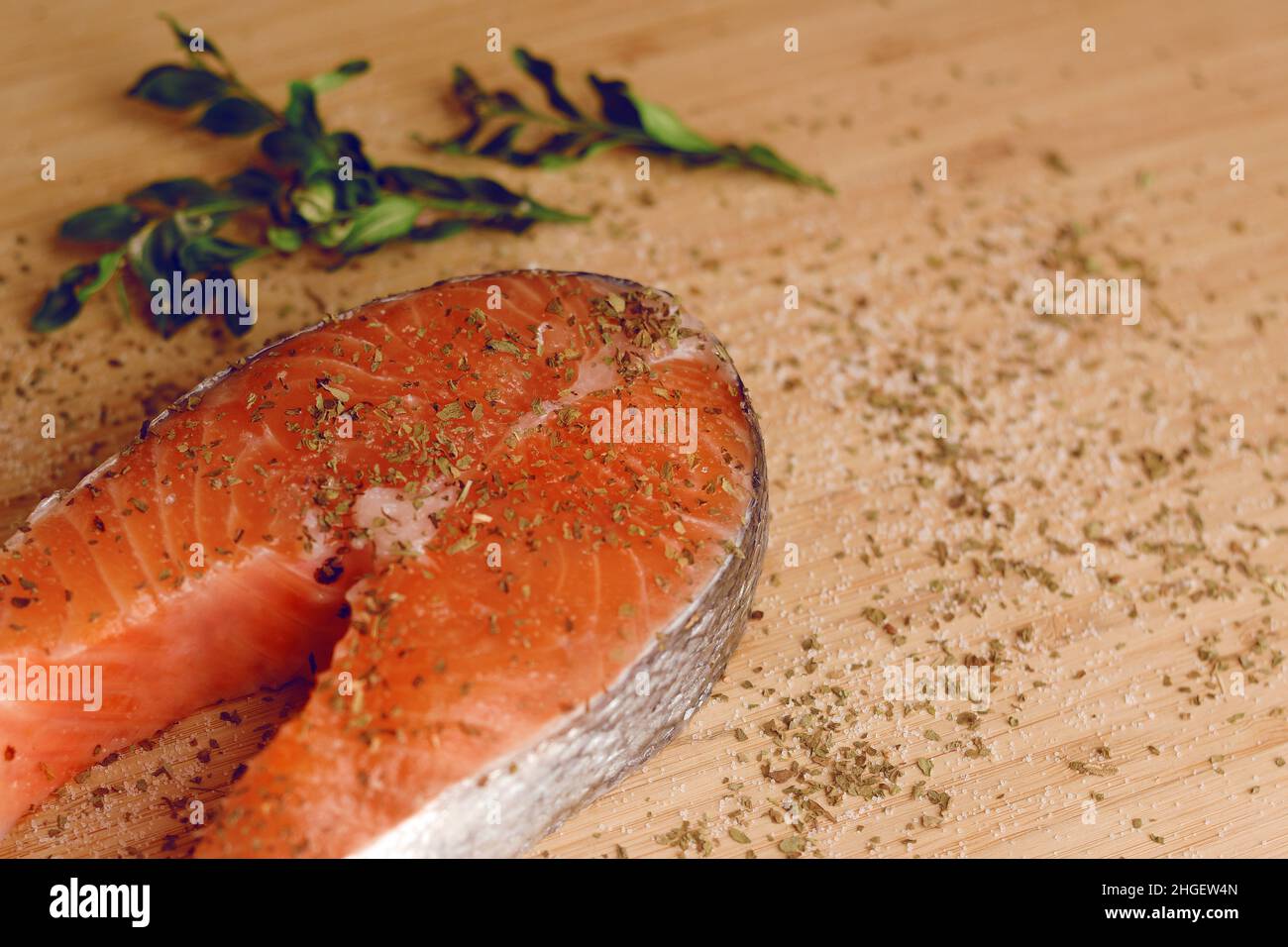 Photo of salmon. Fresh red fish, white veins, rich color. Fish seasoned ...