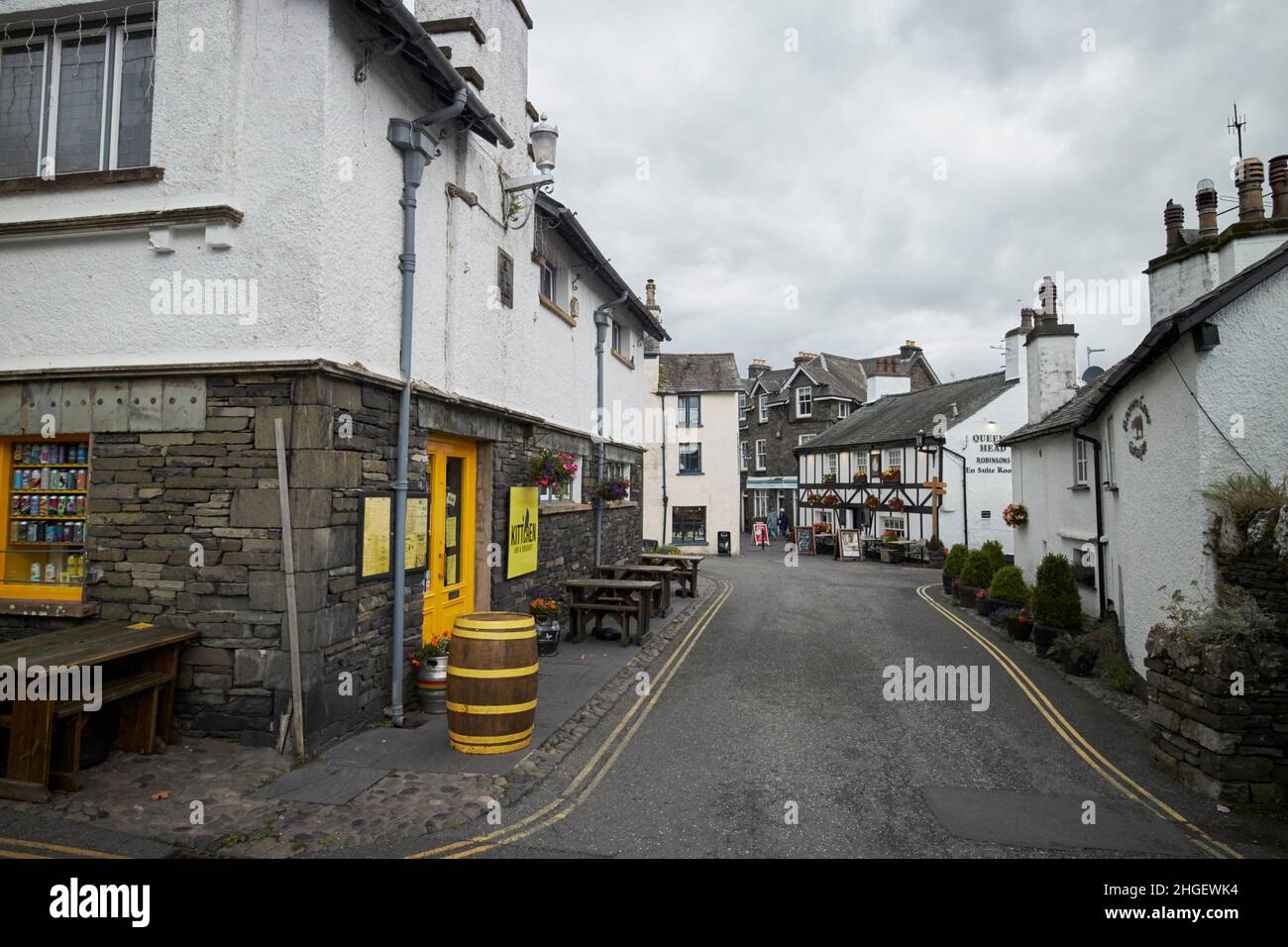 main st through hawkshead village lake district, cumbria, england, uk ...
