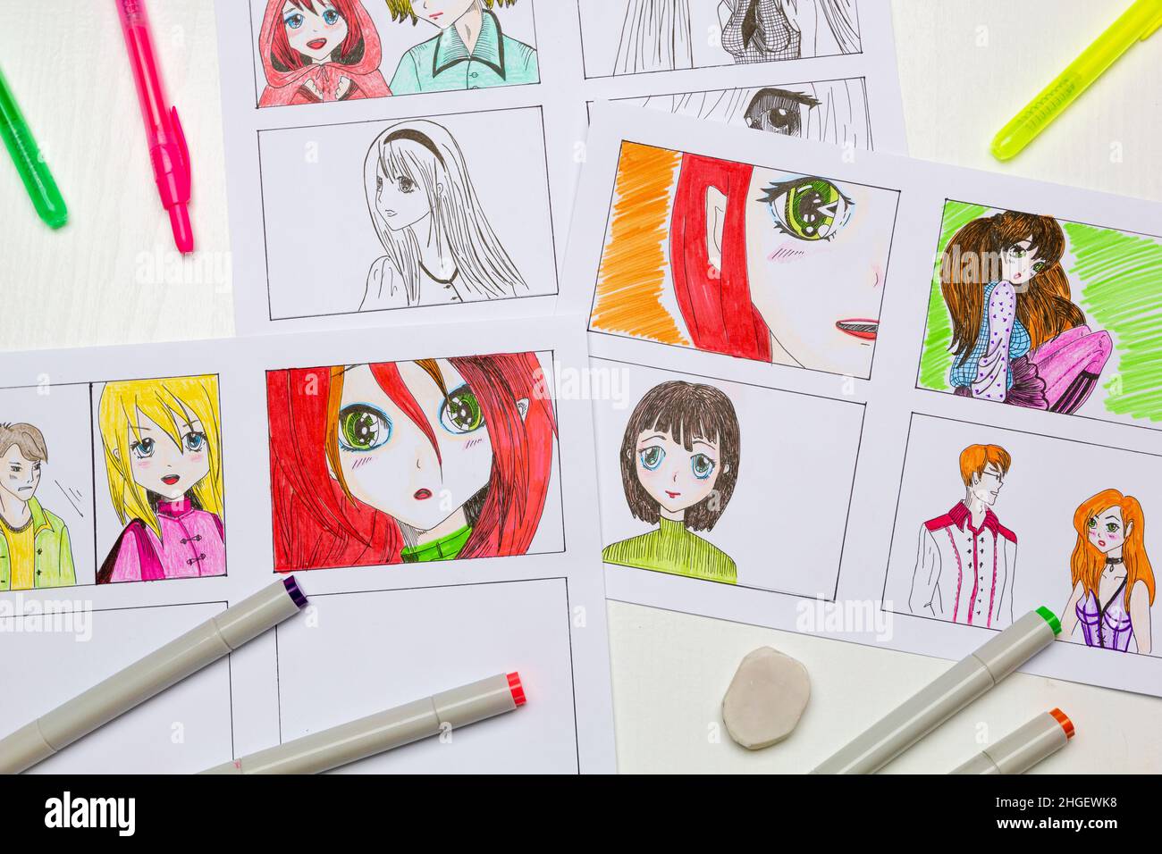 Anime comic storyboard drawings. Manga style. Animated color sketches ...