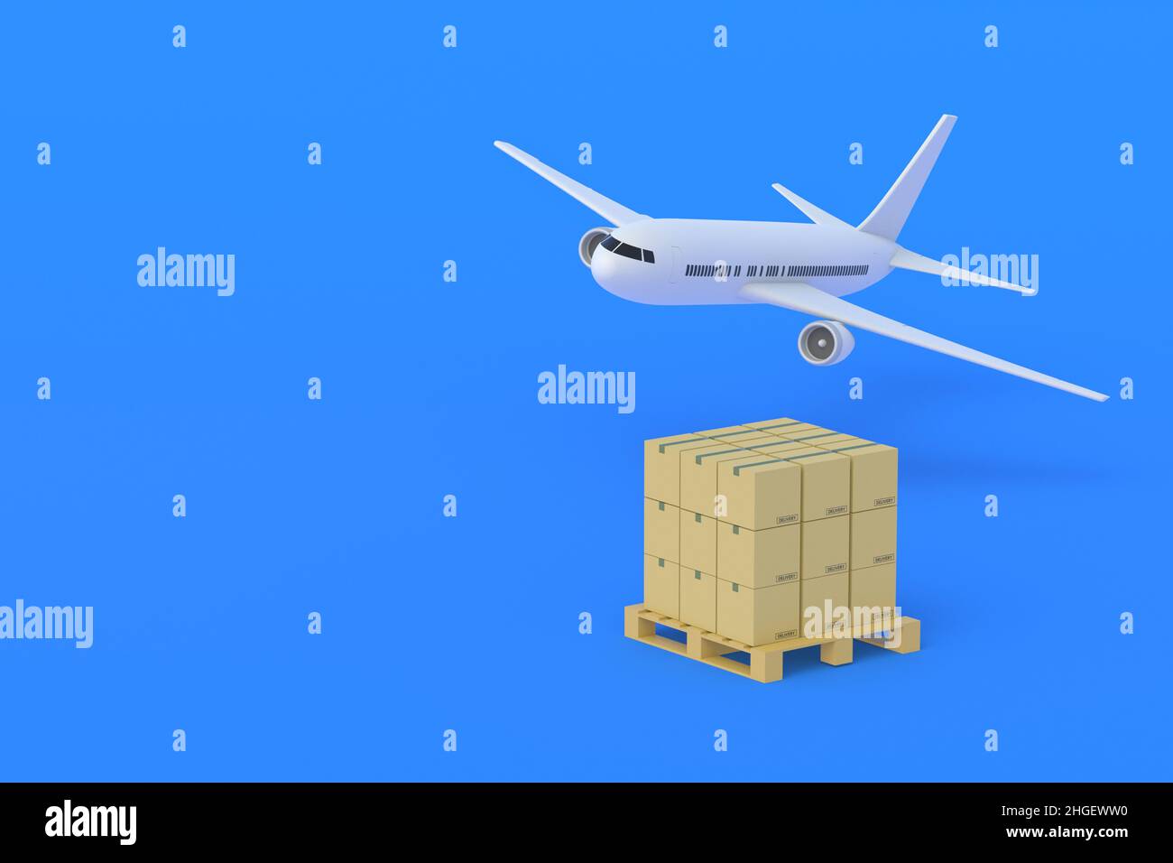 Airplane near stack of boxes on pallet on blue background ...