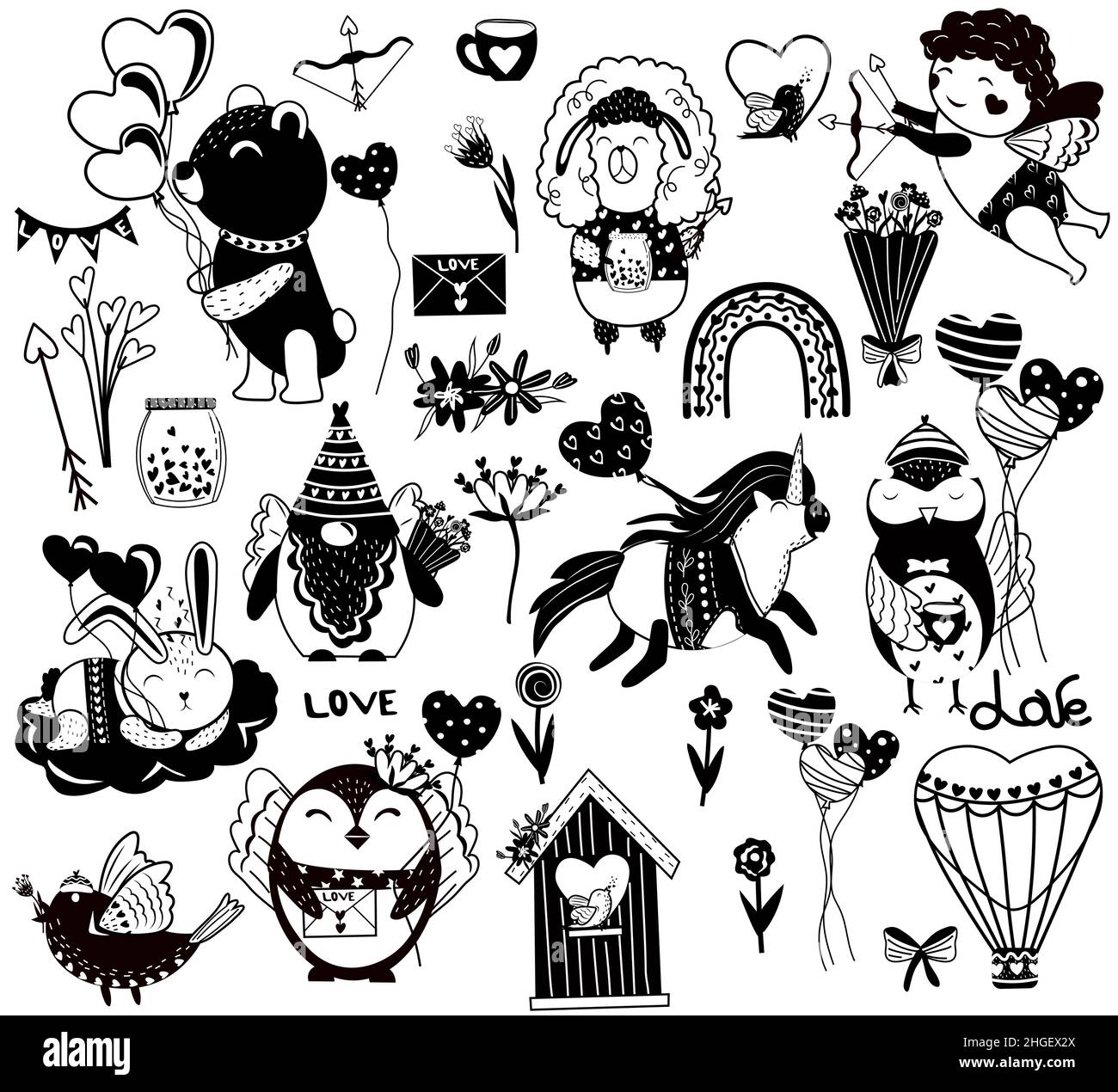 Black and white set for Valentine's day, cute rabbit, happy animals ...