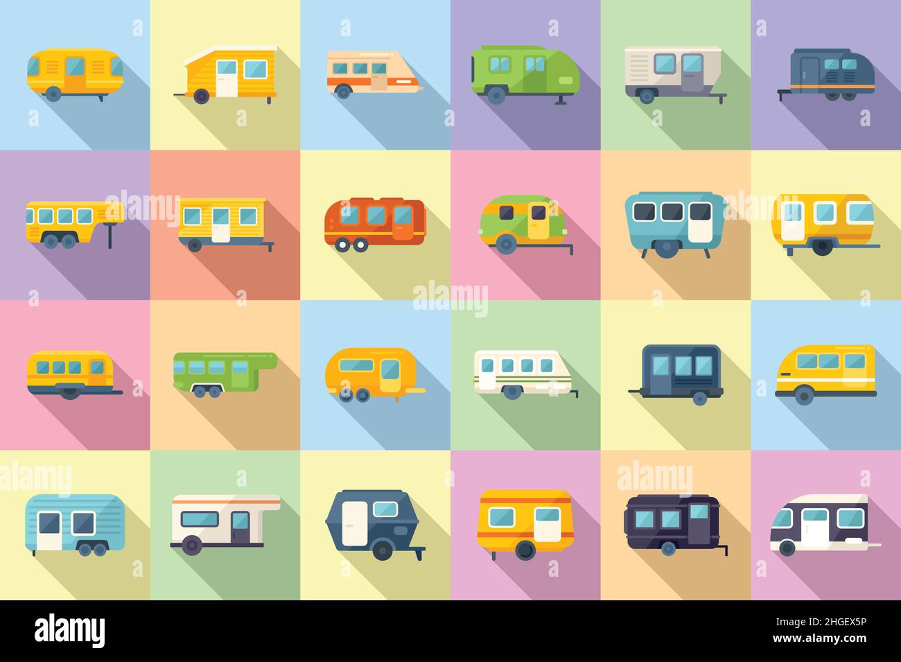 Auto camping icons set flat vector. Home motor. Motorhome trailer Stock ...