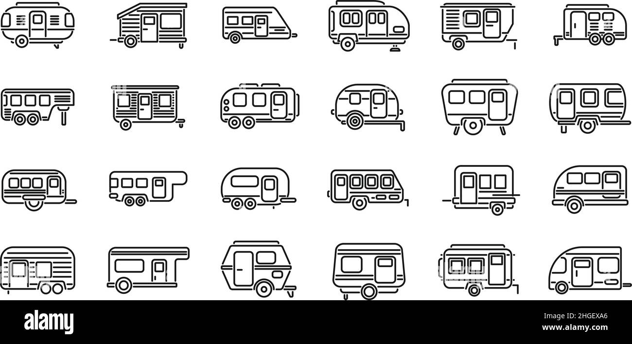 Auto camping icons outline vector. Home motor. Motorhome trailer Stock ...