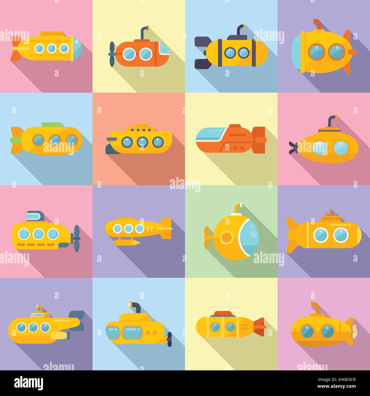Bathyscaphe icons set flat vector. Diving submarine. Deep apparatus ...