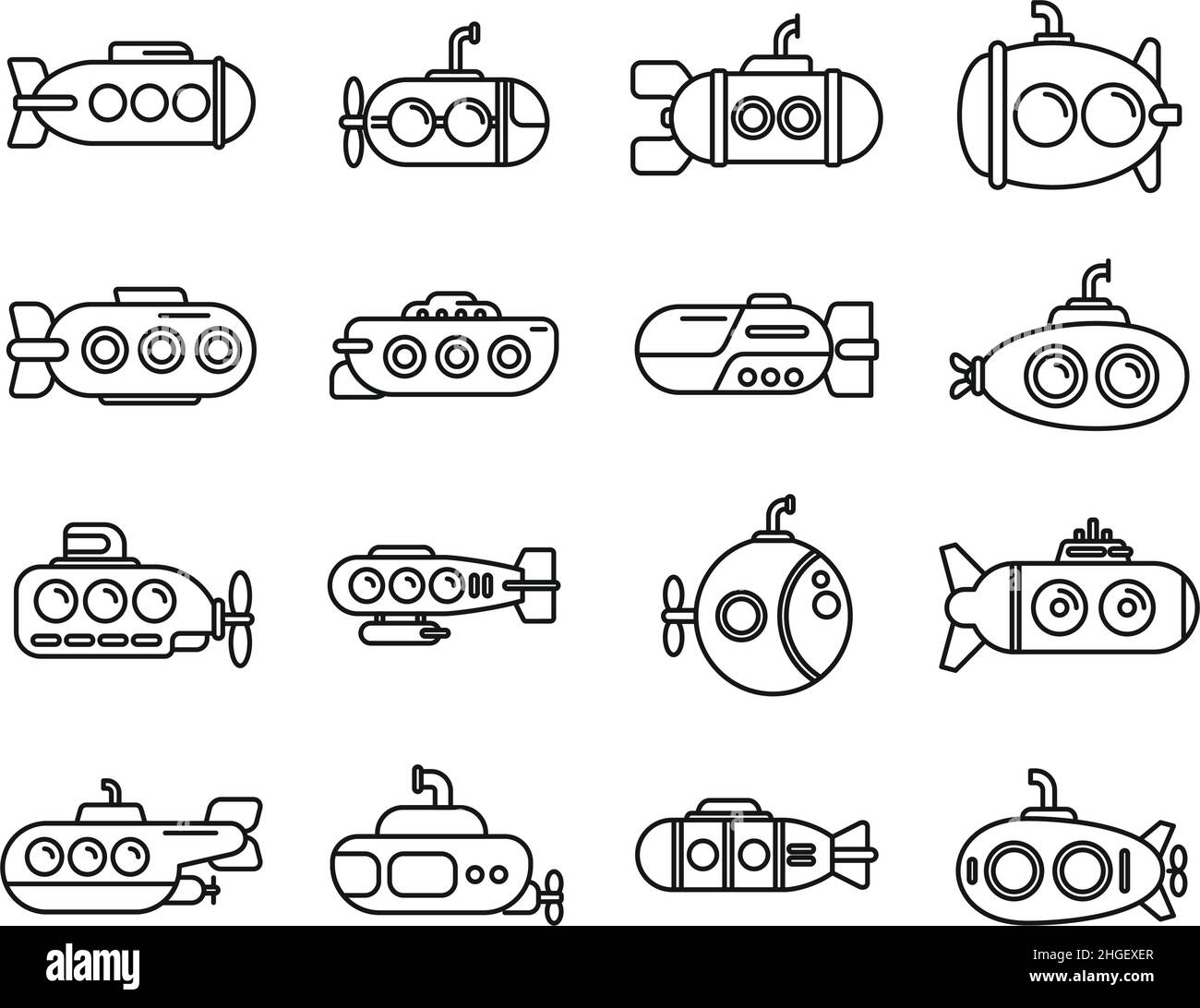 Bathyscaphe icons set outline vector. Diving submarine. Deep apparatus ...