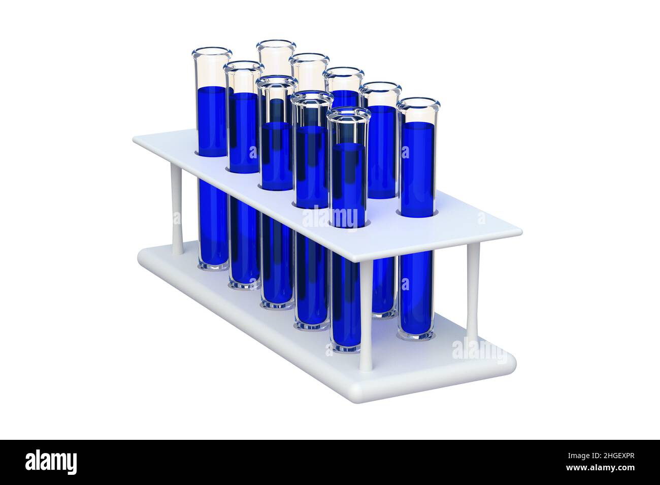 Test tubes with liquid in holder isolated on white background. 3d ...