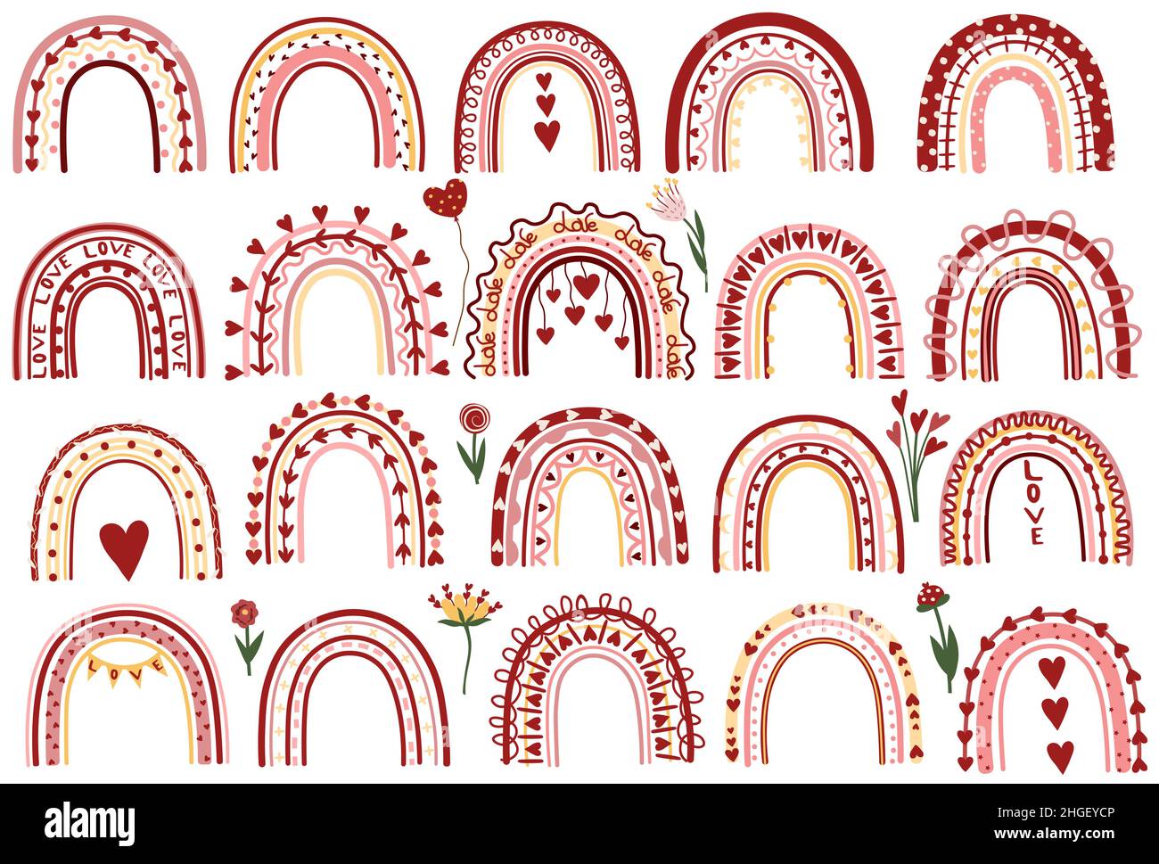 Colorful Rainbows in boho style. There are hearts, flowers, balloons ...