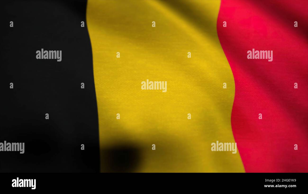 Creased textured BELGIUM flag in slow motion with visible wrinkles and ...