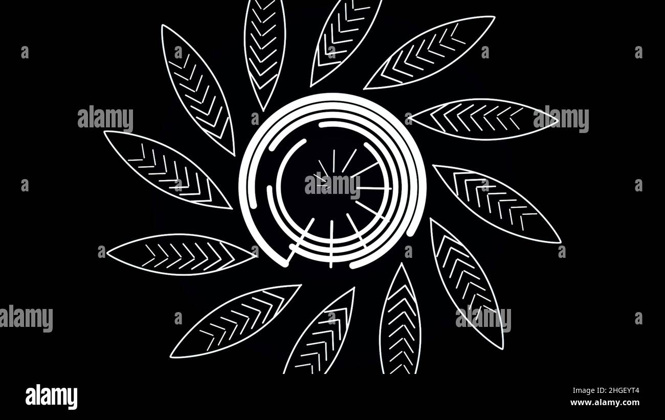 Abstract white lines rotate in a flower shape in big circle on black ...