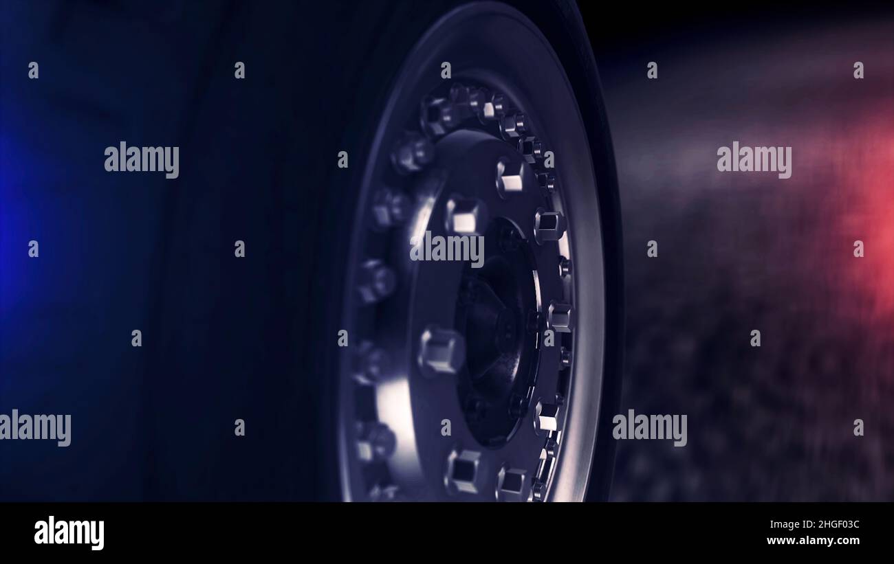 Side view of abstract car wheel driving back on black road. Close up ...