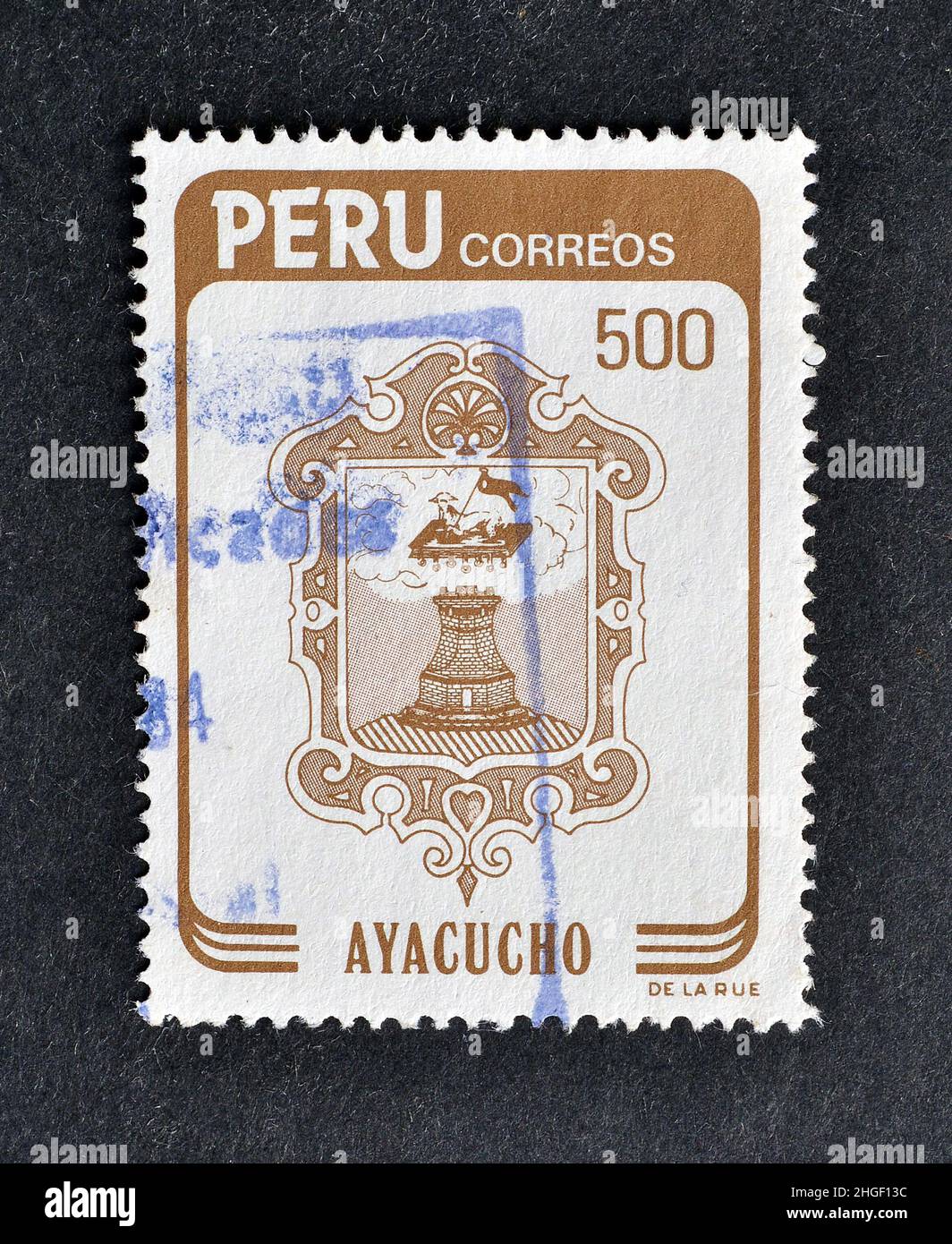 Cancelled postage stamp printed by Peru, that shows Coats of Arms ...