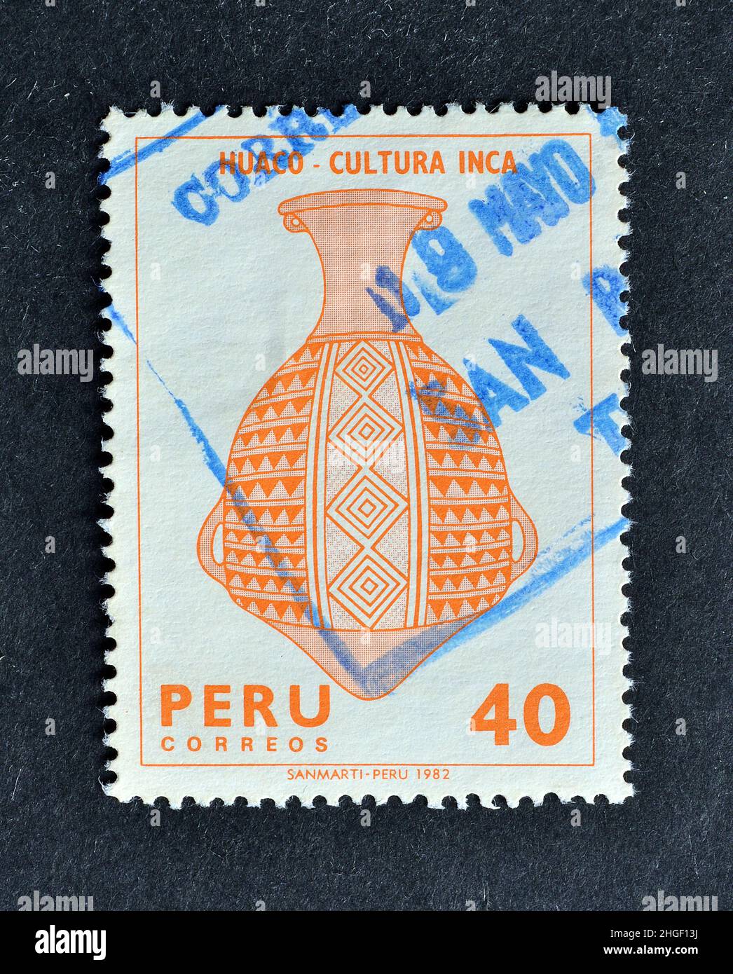 Cancelled postage stamp printed by Peru, that shows Cabezas Pétreas ...