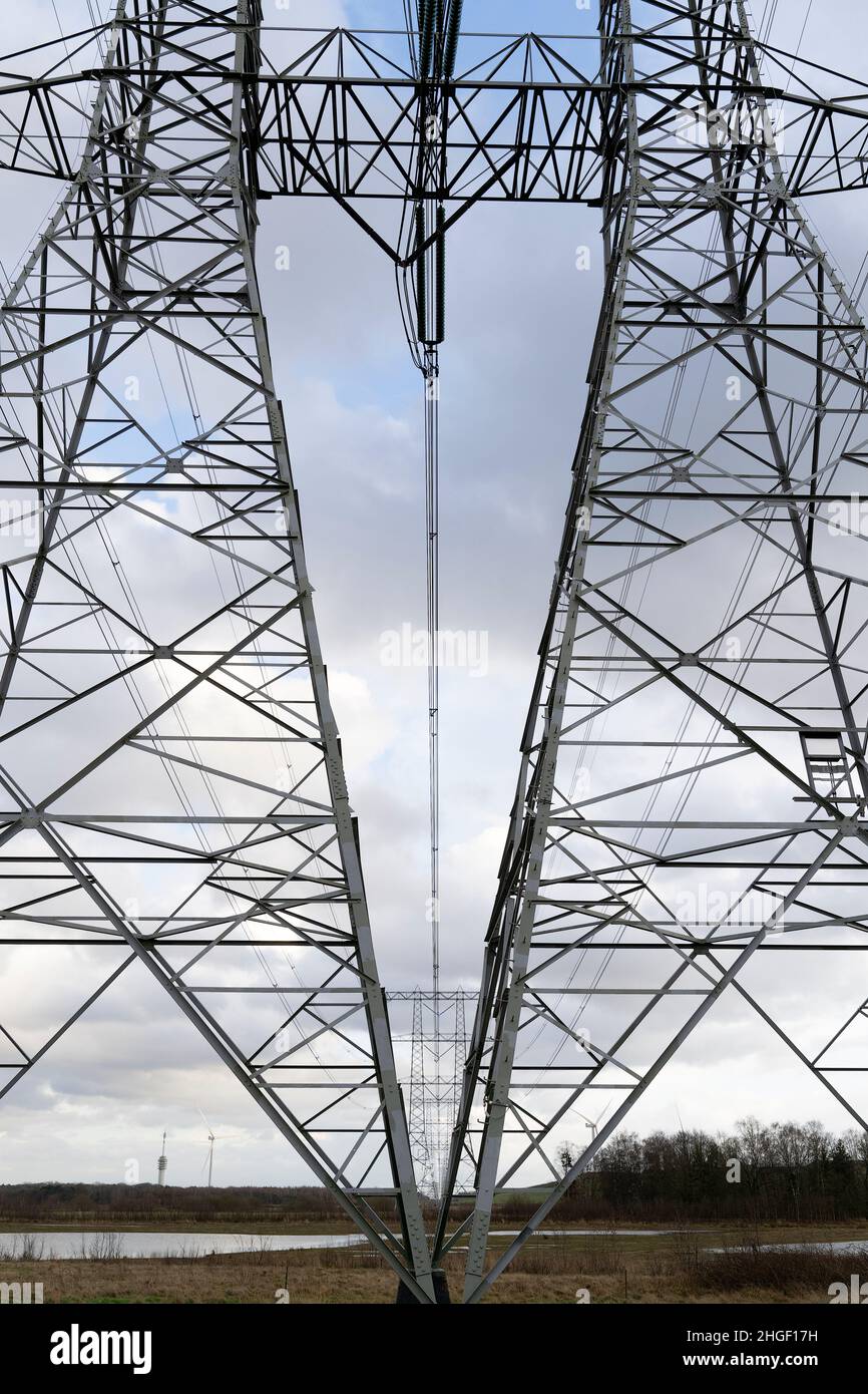 High-Voltage Mast or pylon with powerlines to transport electricity ...