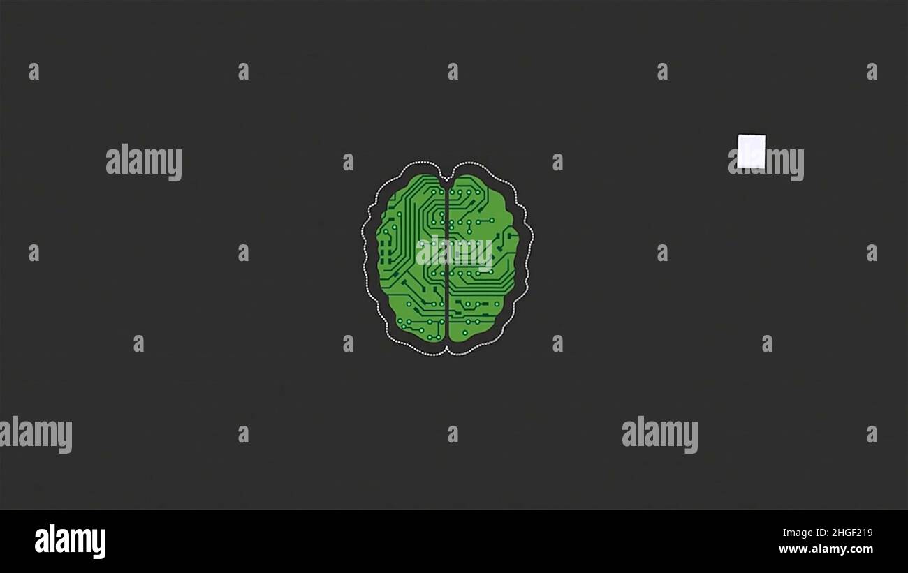 Cartoon animation of a brain as a microchip recieving signal waves on ...