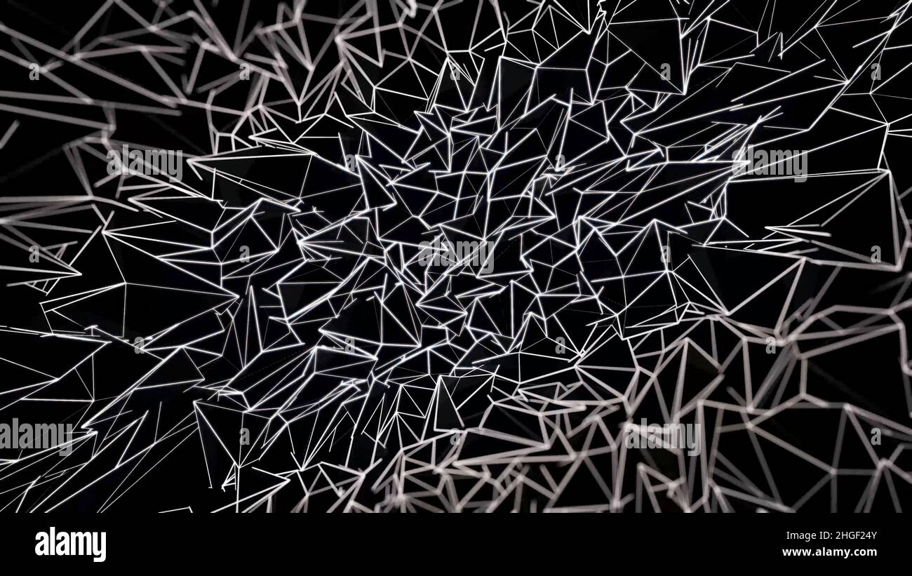 Abstract background of white triangles rotating chaotically on black ...