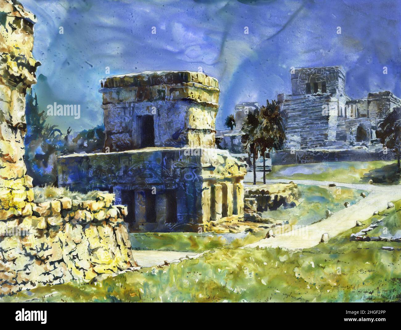 Tulum Mayan ruins in Mexico. Watercolor painting of Mayan ruins in ...