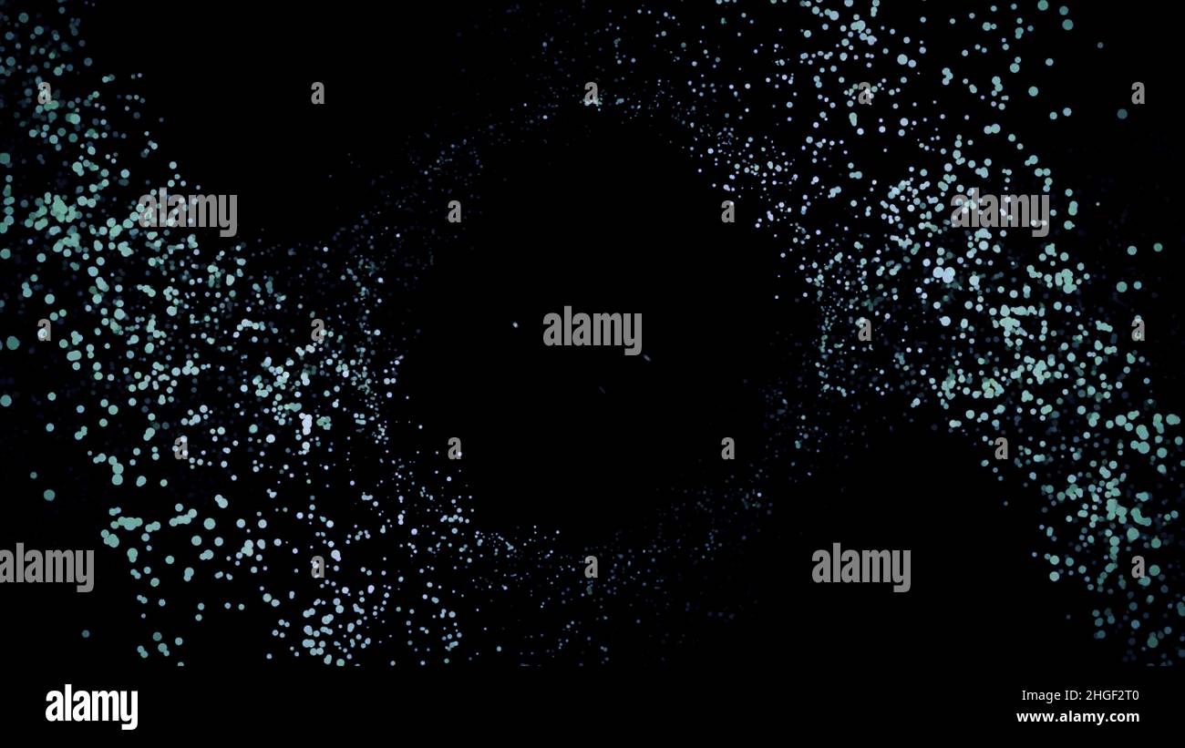 Abstract flying, light green small dots creating ring on black ...