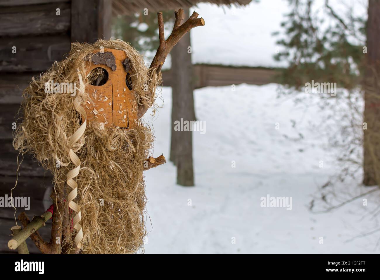 Meteņi mumming mask with beard, made of hay, wood shreds and bark ...