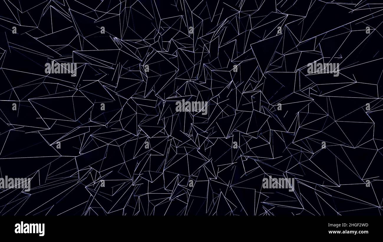Abstract background of white triangles rotating chaotically on black ...