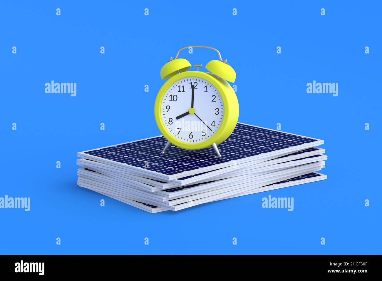 Solar panels and alarm clock on blue background. Lifetime of ...