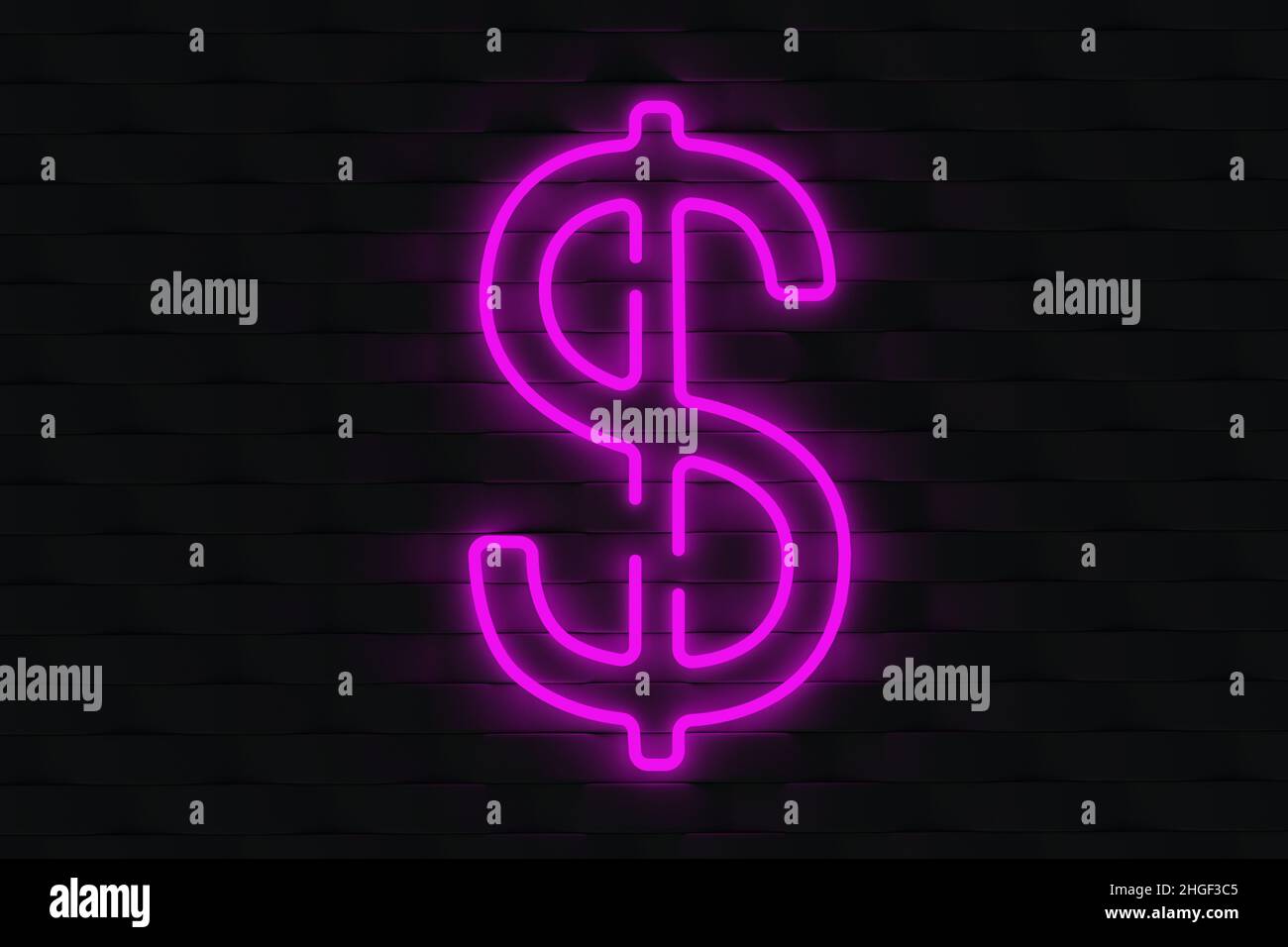 Glowing sign of dollar of violet color on dark wall. Personal account ...