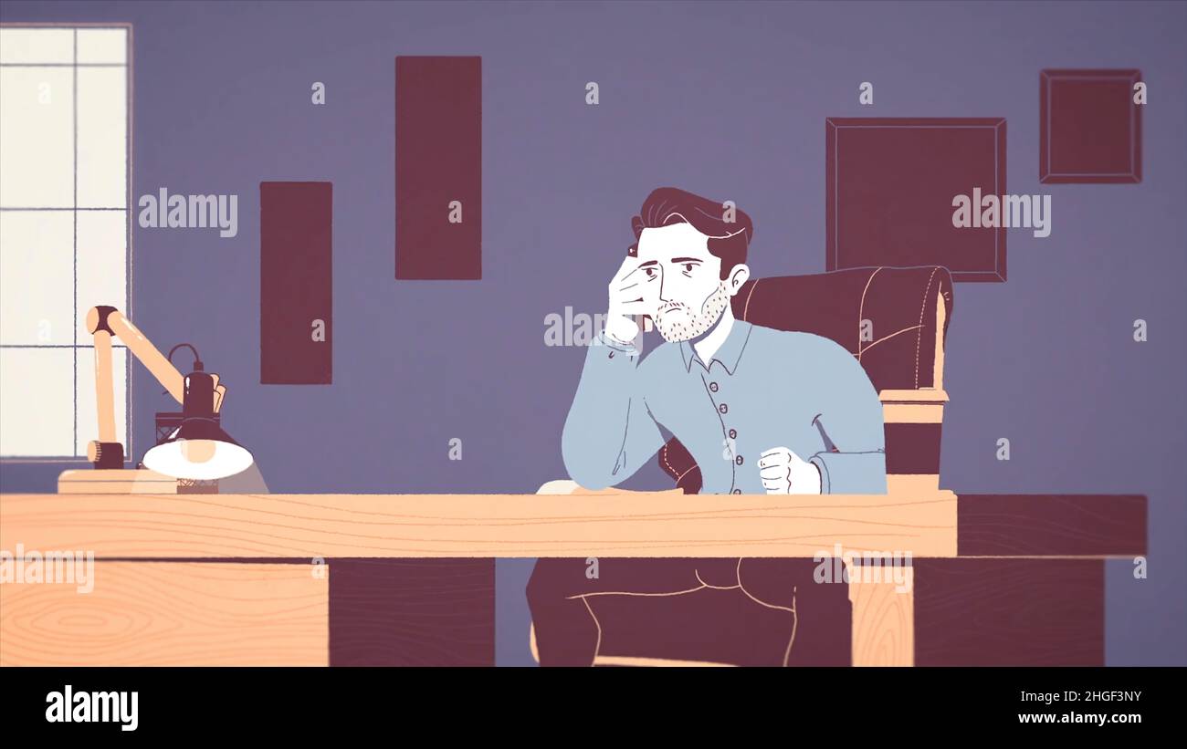 Animation of a tired and stressed businessman working at a workplace in ...