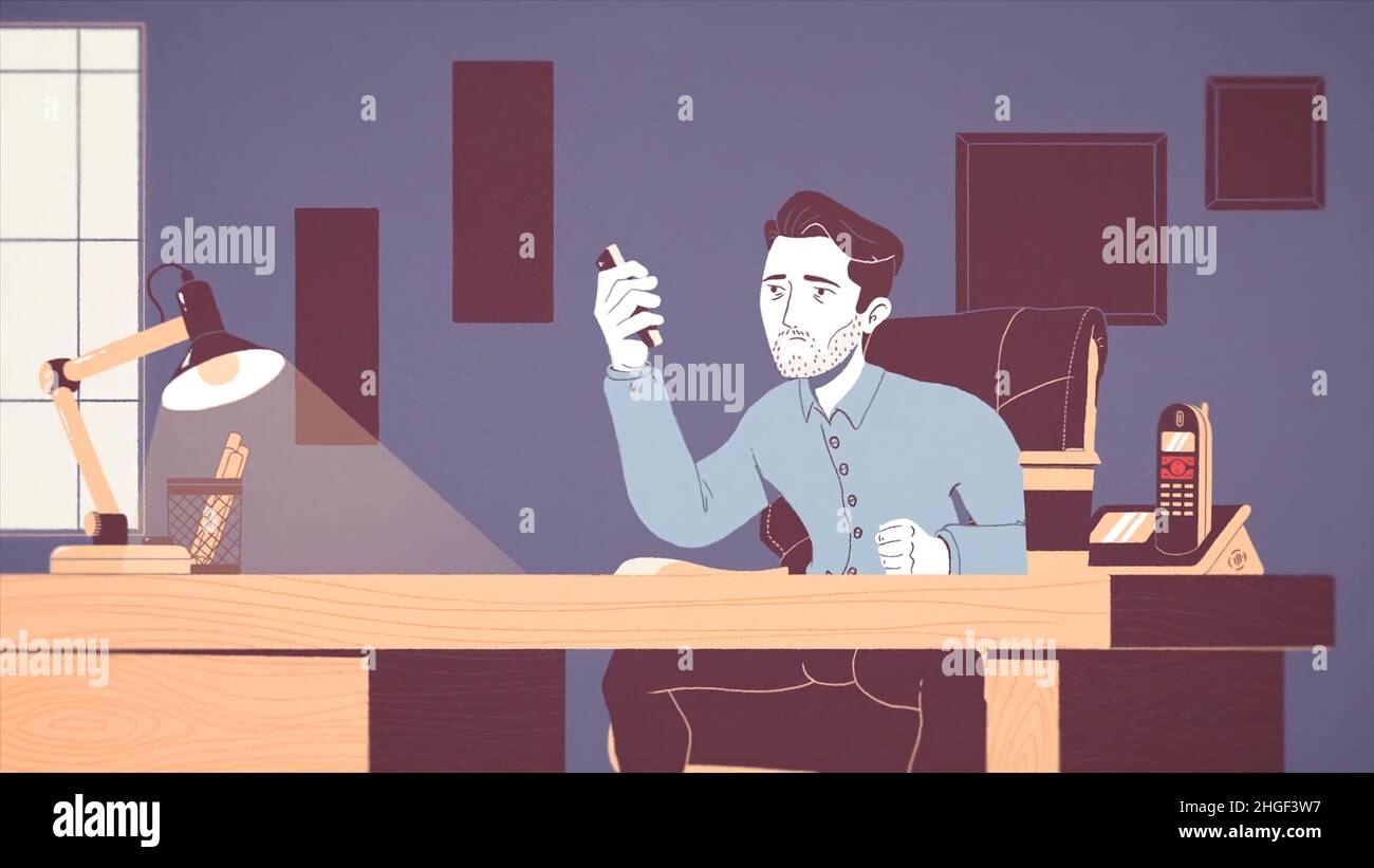 Animation of a tired and stressed businessman working at a workplace in ...