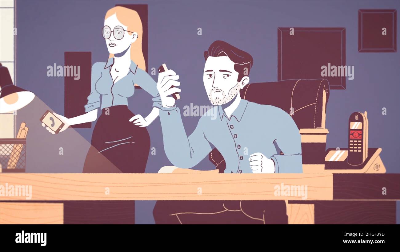 Animation of a tired and stressed businessman working at a workplace in ...