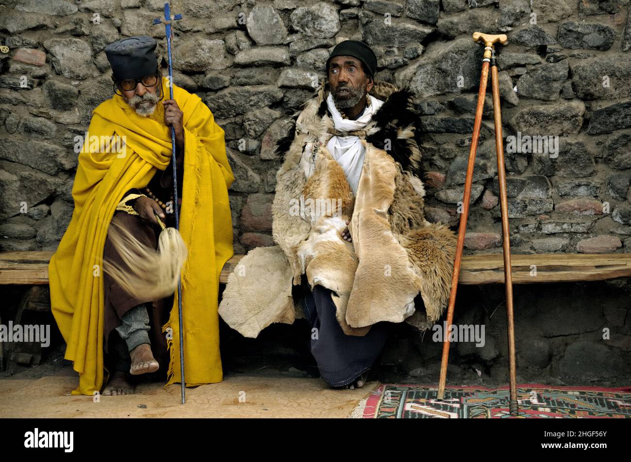 Two pilgrims inside Nakuto Lab church near Lalibela, Amhara Region ...