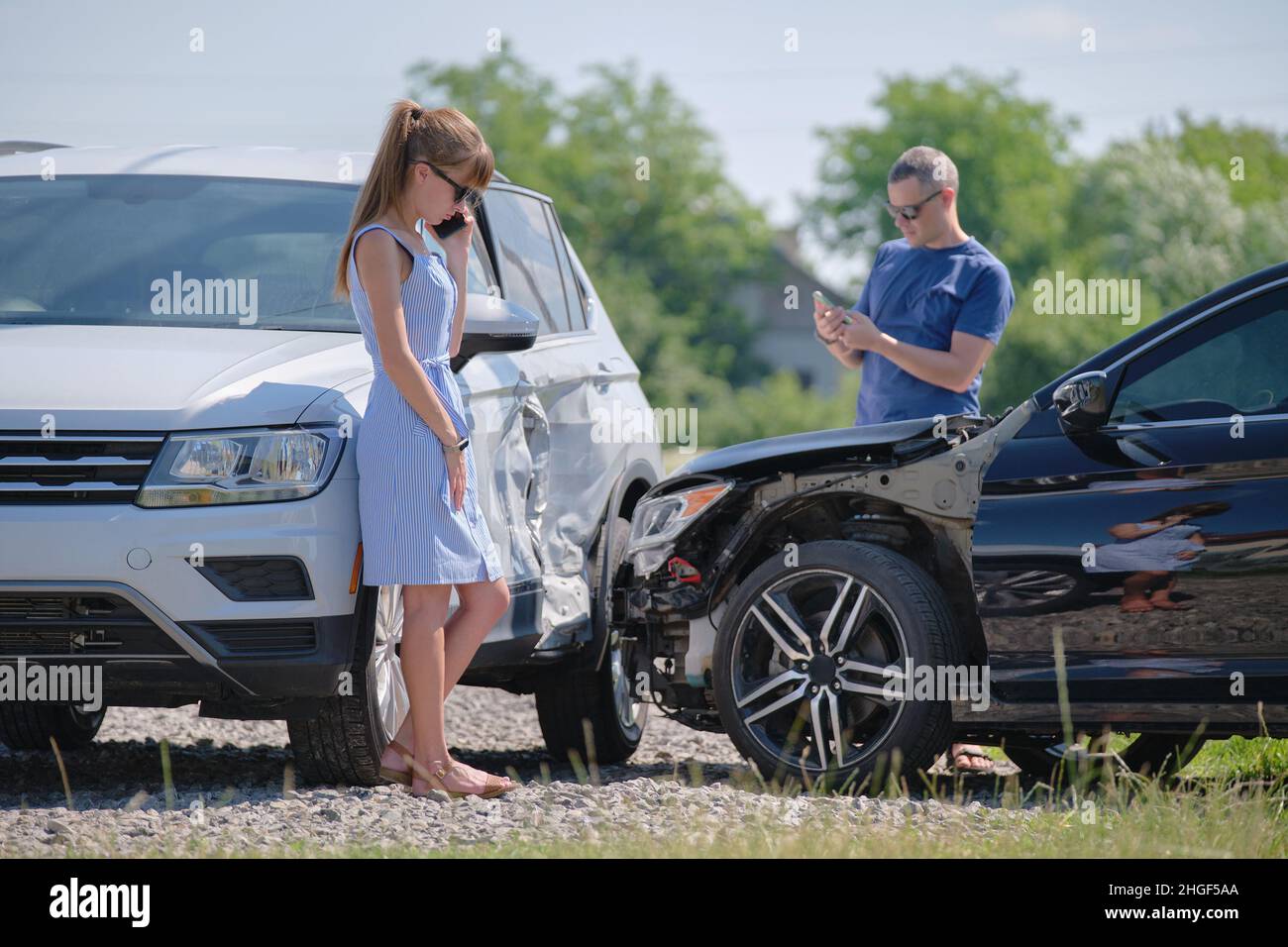 Two drivers talking on mobile phone while calling for help to rescue ...