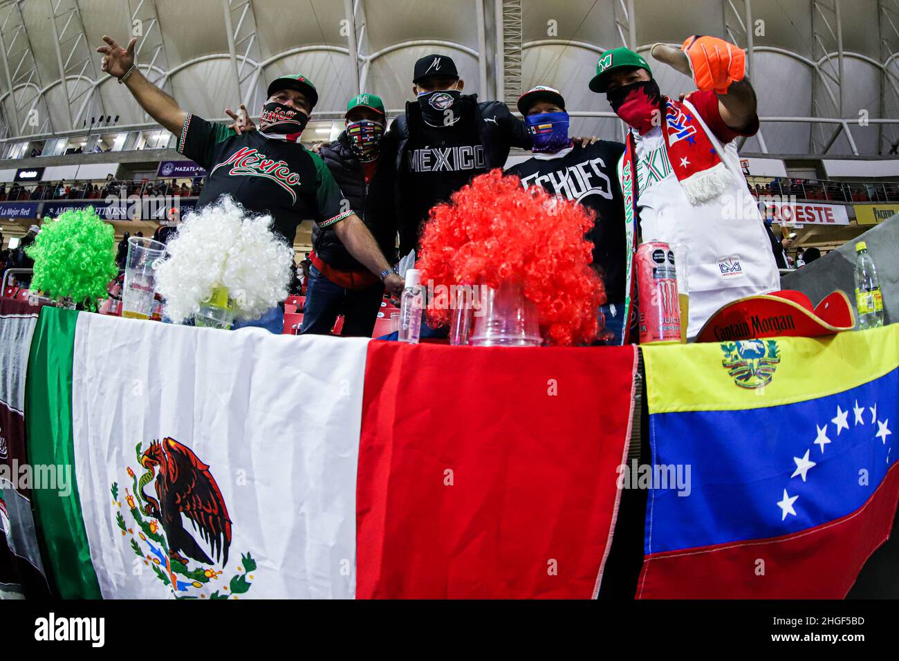 MAZATLAN, MEXICO - FEBRUARY 04: Mexican baseball fans, mexican flag ...