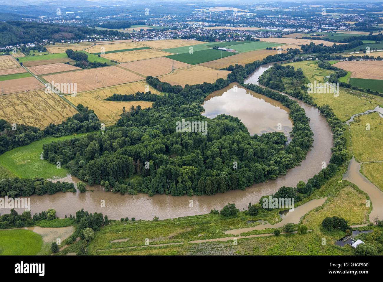 Aerial view, Ruhr flood, Frohnhausen, Fröndenberg/Ruhr, Ruhr area ...