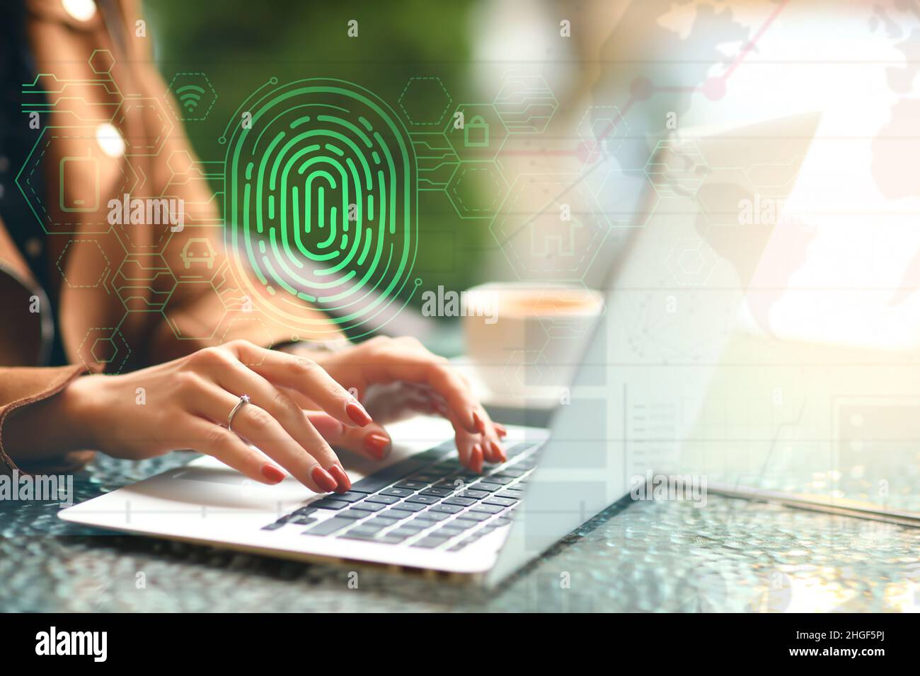 Young businesswoman logging into electronic personal account in office ...