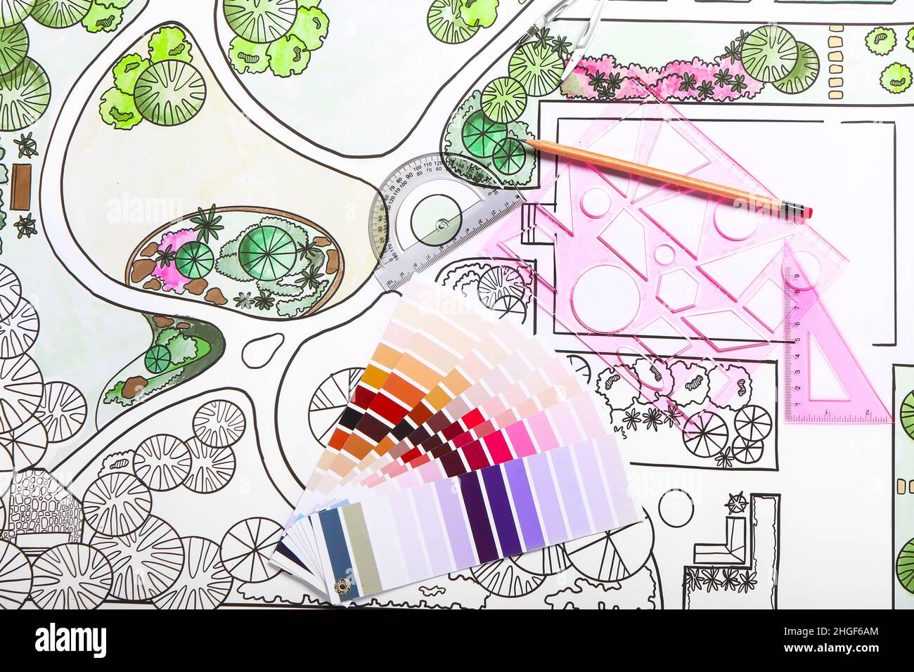 Stationery with paint palettes on plan of landscape designer Stock ...