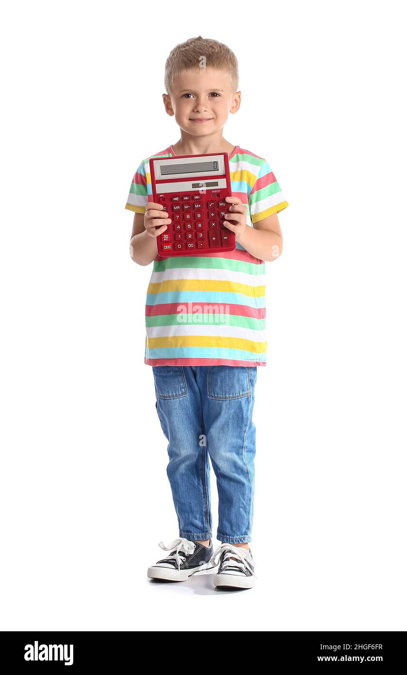 Adorable little boy with calculator on white background Stock Photo - Alamy