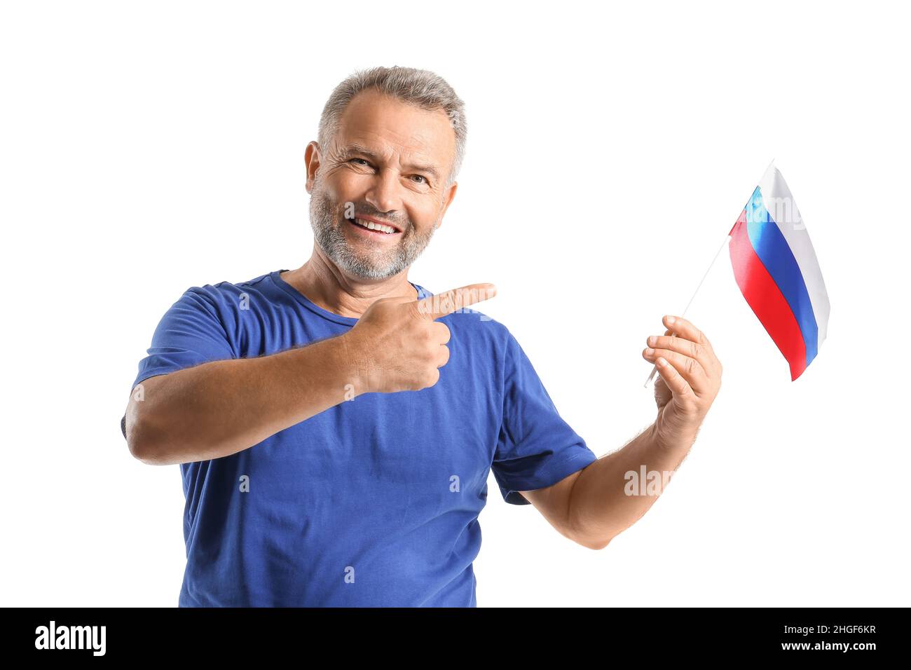 Handsome mature man with flag of Russia on white background Stock Photo ...