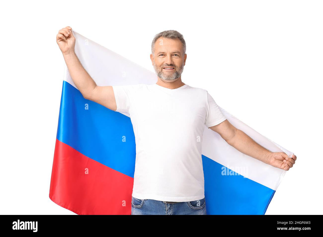 Handsome mature man with flag of Russia on white background Stock Photo ...