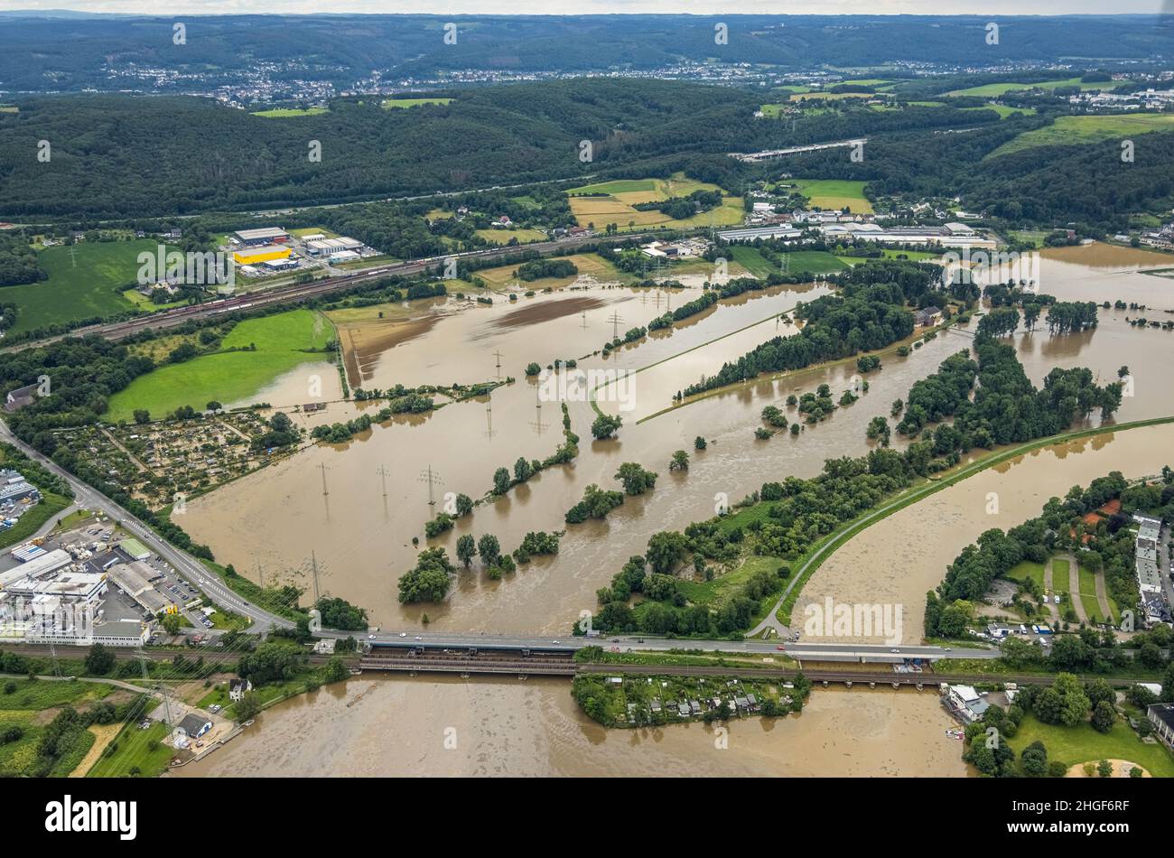 Aerial view, Ruhr flood, flooding, weather, Ruhr area, North Rhine ...