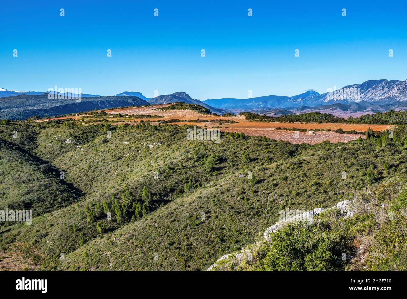 View of the Agly valley with the mountains of Maury (right) seen from a ...