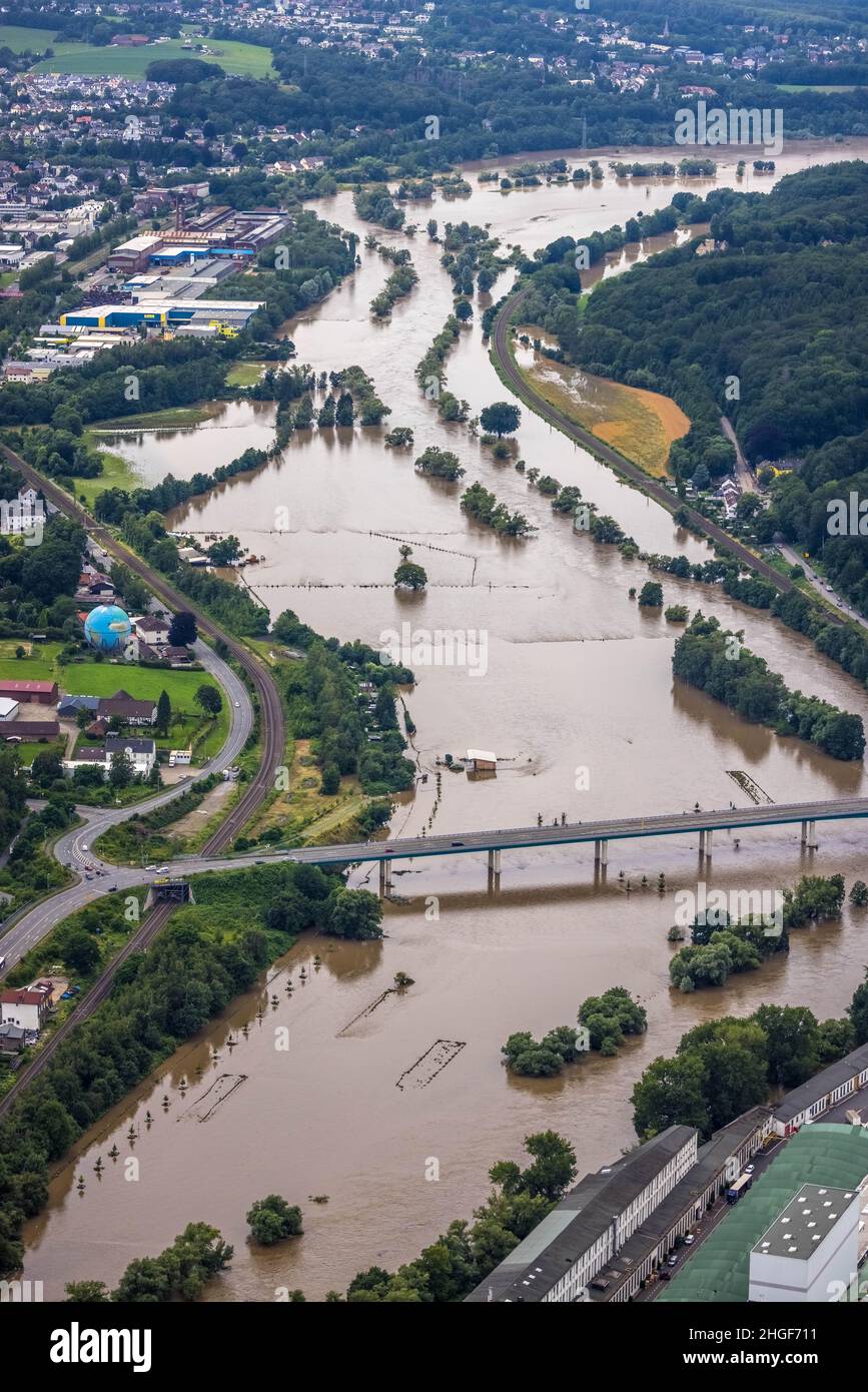 Aerial view, Ruhr flood, flooding, weather, Ruhr area, North Rhine ...