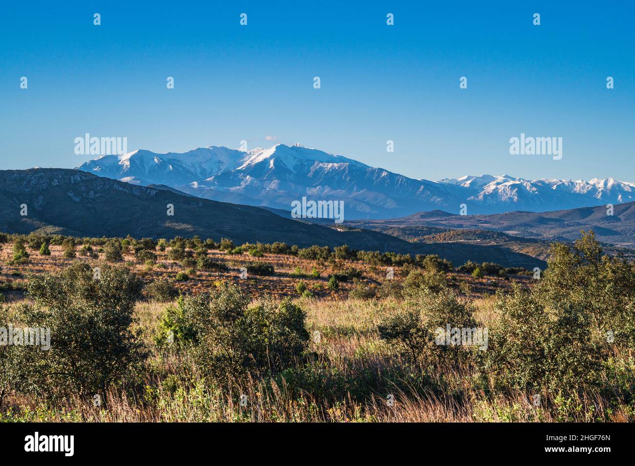 View of Mount Canigiou when hiking to the Tour de Tautavel through the ...
