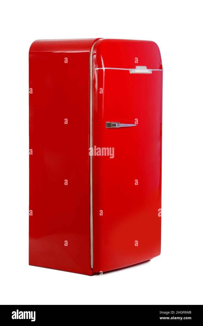 Red fridge on white background Stock Photo - Alamy